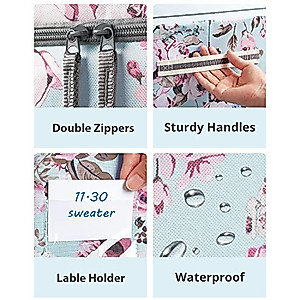 LitBear 2 Pack 24L Clothes Storage Bins Foldable Metal Frame Storage Box - Stackable Oxford Fabric Container Organizer Set with Carrying Handles and Clear Window(Blue floral)