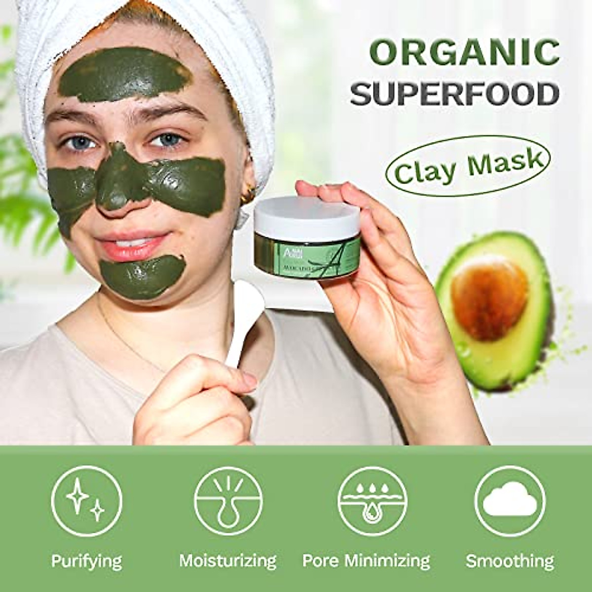 ANAI RUI Green Tea Face Mask with Avocado, Clay Facial Mask for Acne, Detox, Face Cleansing Mask, Hydrating, Nourishing, Soothing, 120g/4.23 oz