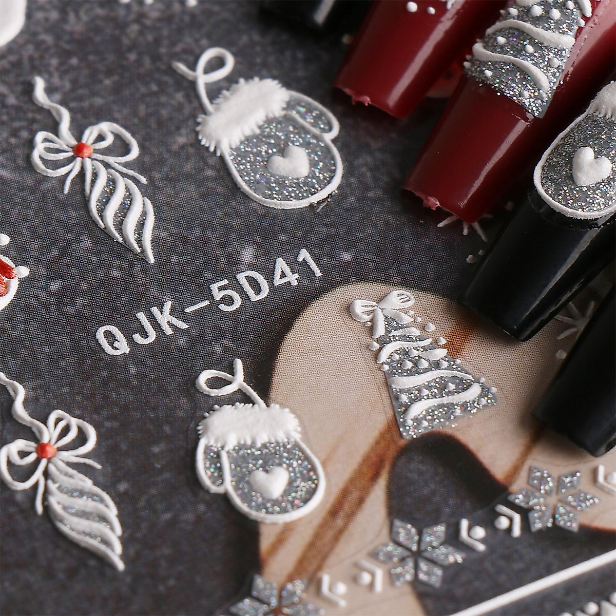 JMEOWIO 6 Sheets 3D Embossed Christmas Glitter Nail Art Stickers Decals Self-Adhesive Pegatinas Uñas 5D Snowman Elk Snowflake Xmas Winter Holiday Nail Supplies Nail Art Design Decoration Accessories