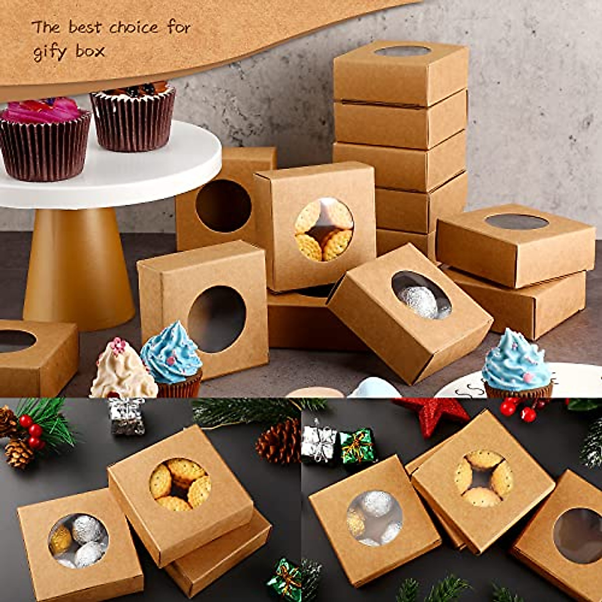 30 Pieces Kraft Paper Box with Clear Window Homemade Soap Boxes Presents Packaging Boxes for Bakery Cookies Cake Candy Soap Packaging Birthday Gift Boxes (Original,3 x 3 x 1.2 Inch)