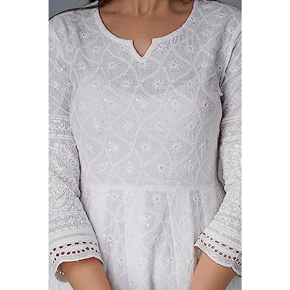 Chikankari Cotton Anarkali Indian Kurti For Women Summer Dress Kurta Pant With Dupatta Set Pakistani Long Kurta-(XXL) White