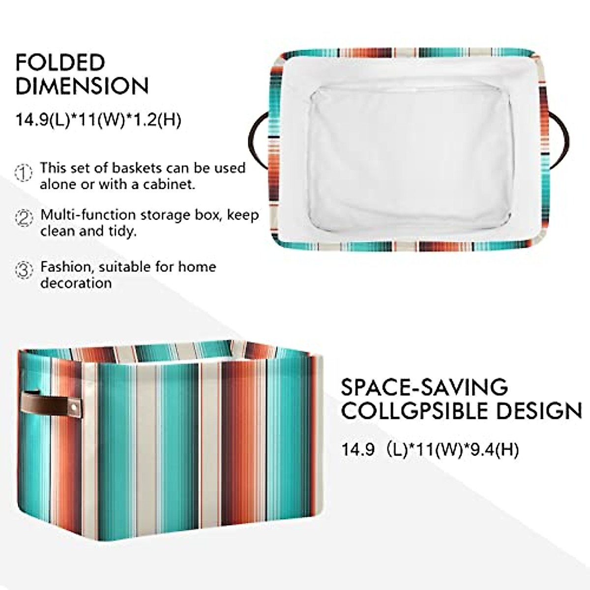 WELLDAY 2PCS Storage Basket Mexican Serape Blanket Stripes Large Foldable Storage Bin Cube Collapsible Organizer