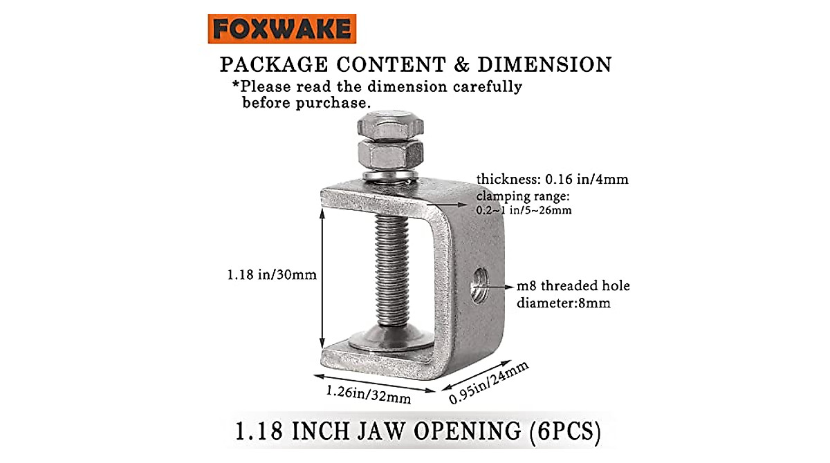 Heavy Duty Mini 1 Inch Stainless Steel C Clamps (6pcs)