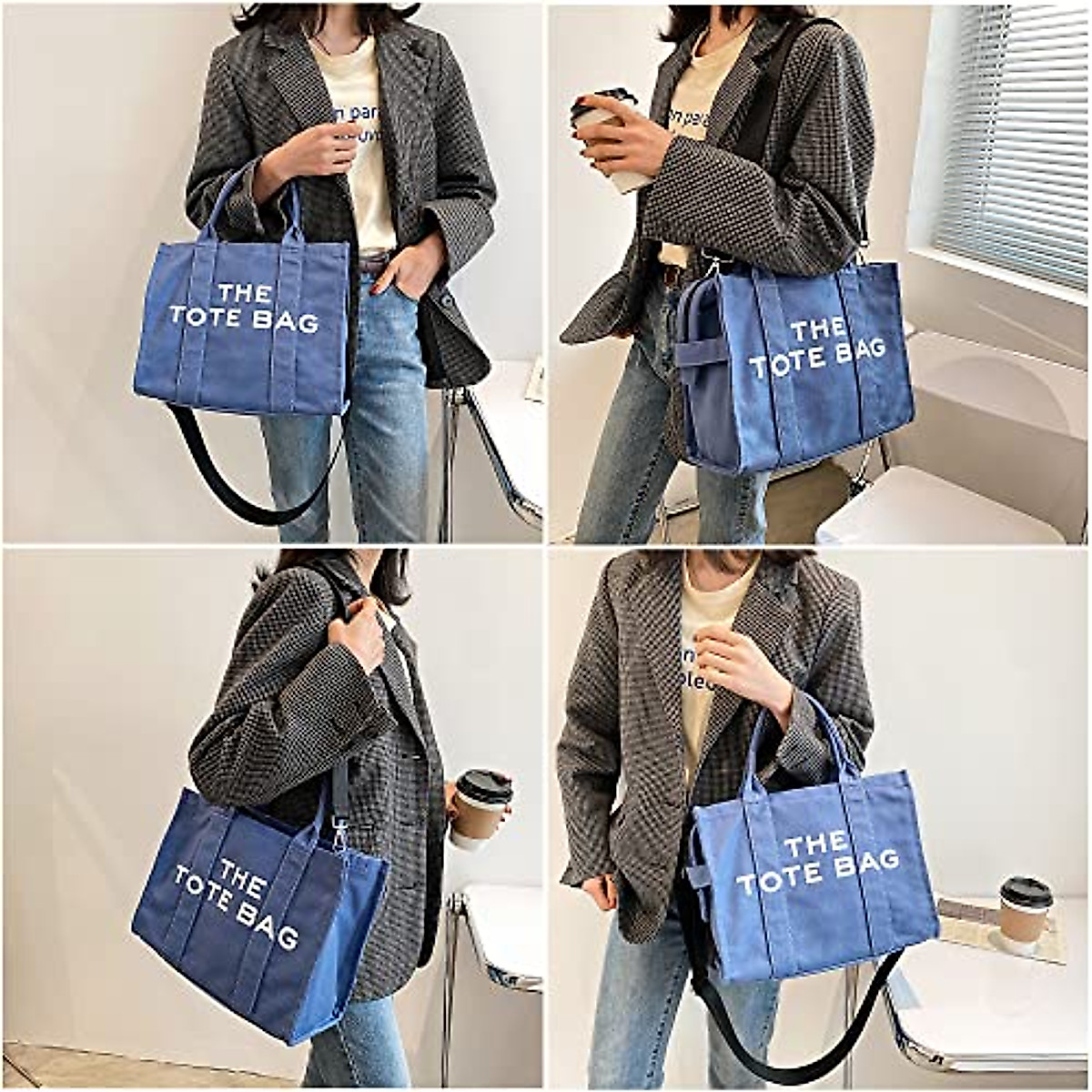 Canvas Tote Bags for Women Handbag Tote Purse with Zipper Shoulder Bag Crossbody Bag for Office, Travel, School (Blue)