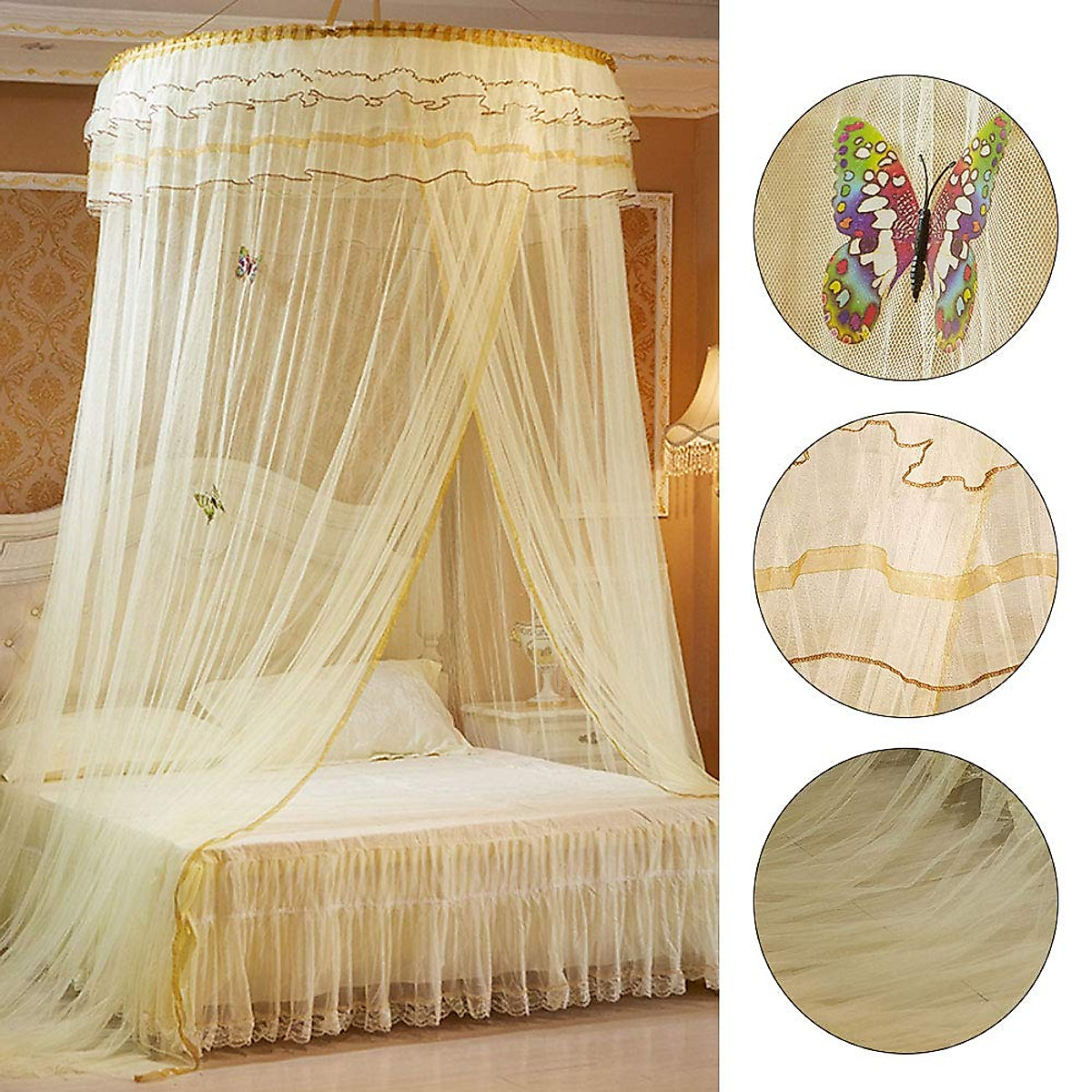 Princess Lace Style Mosquito Net, Foldable Round Bed Canopy, Bed Canopy, for Children Girls Baby Kids(Beige)