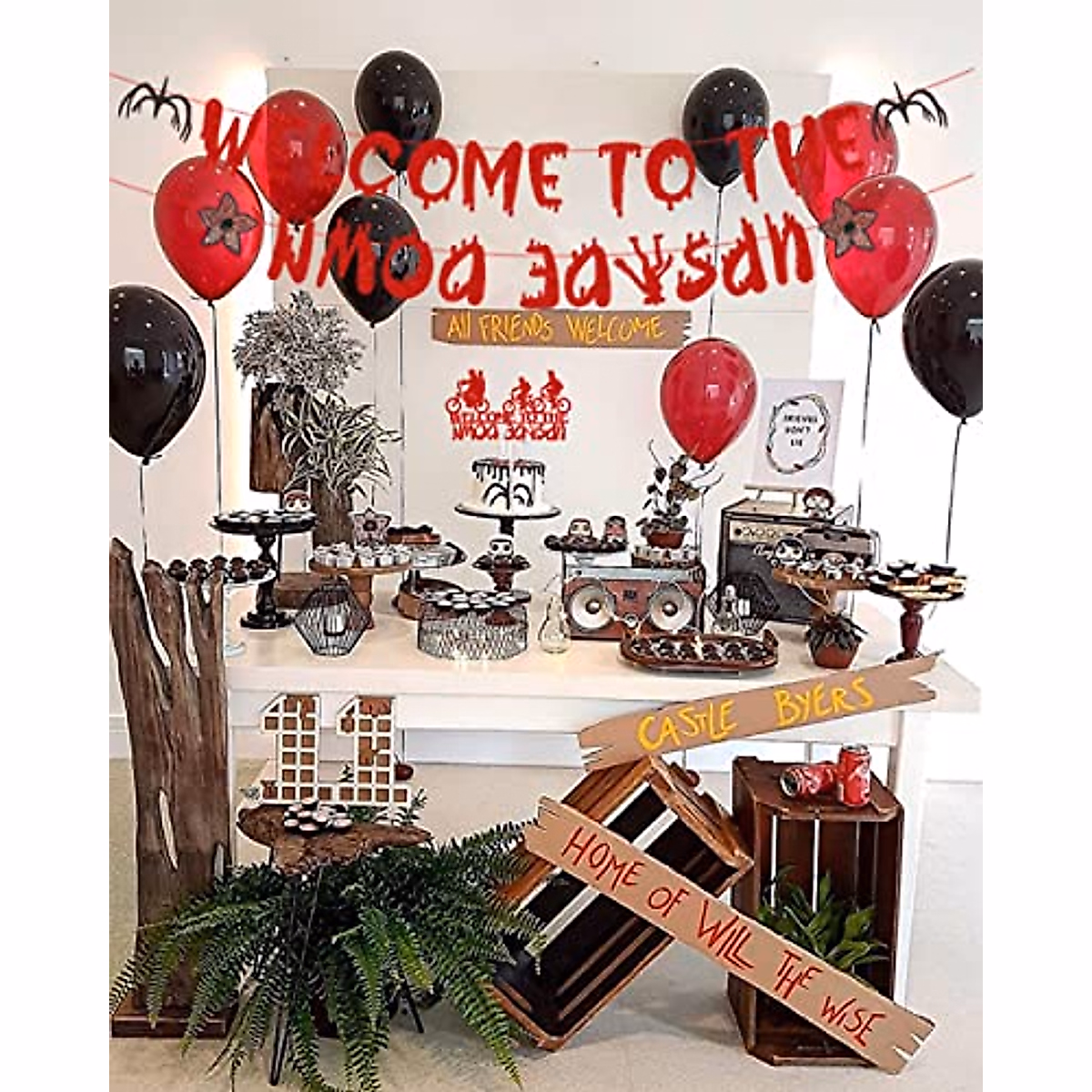 Stranger Party Supplies Welcome To The Upside Down Banner Plus Cake Topper and Latex Ballons for Stranger Party Decorations