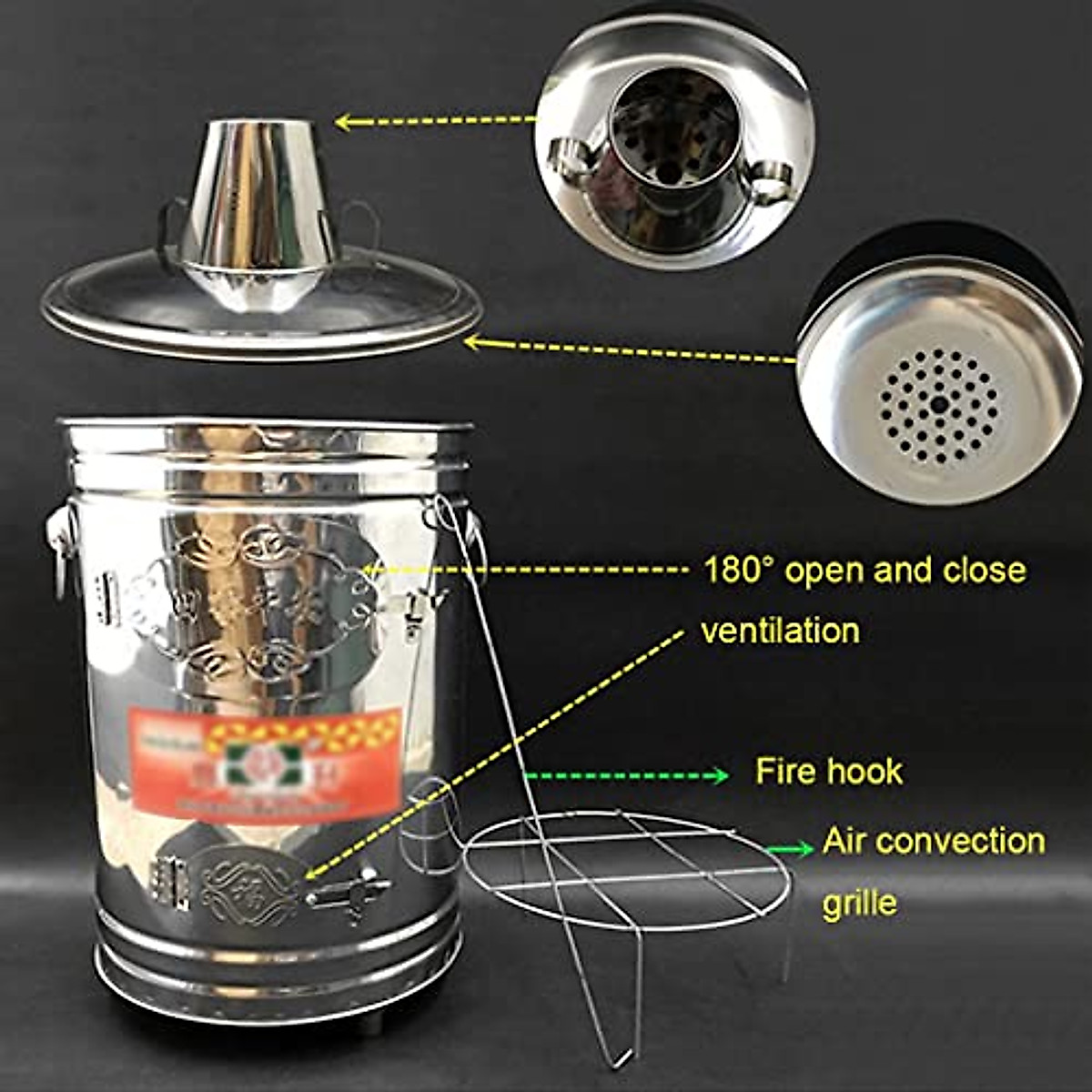 WXJ Stainless Steel Incinerator with Chimney, Portable Garden Incinerator Burning Barrel with Fire Hook, Cleaning The Backyard, Paper and Leaves, 31x31x57cm(12.2x12.2x22.4inch)