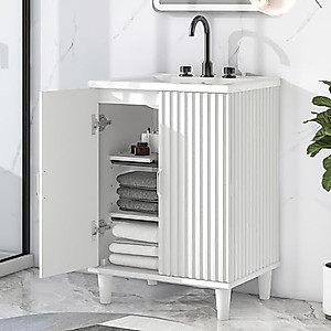 Merax, White 24" Bathroom Vanities Cabinet with Sink, Freestanding Multi-Functional Storage Organizer, Two Doors and Adjustable Shelves