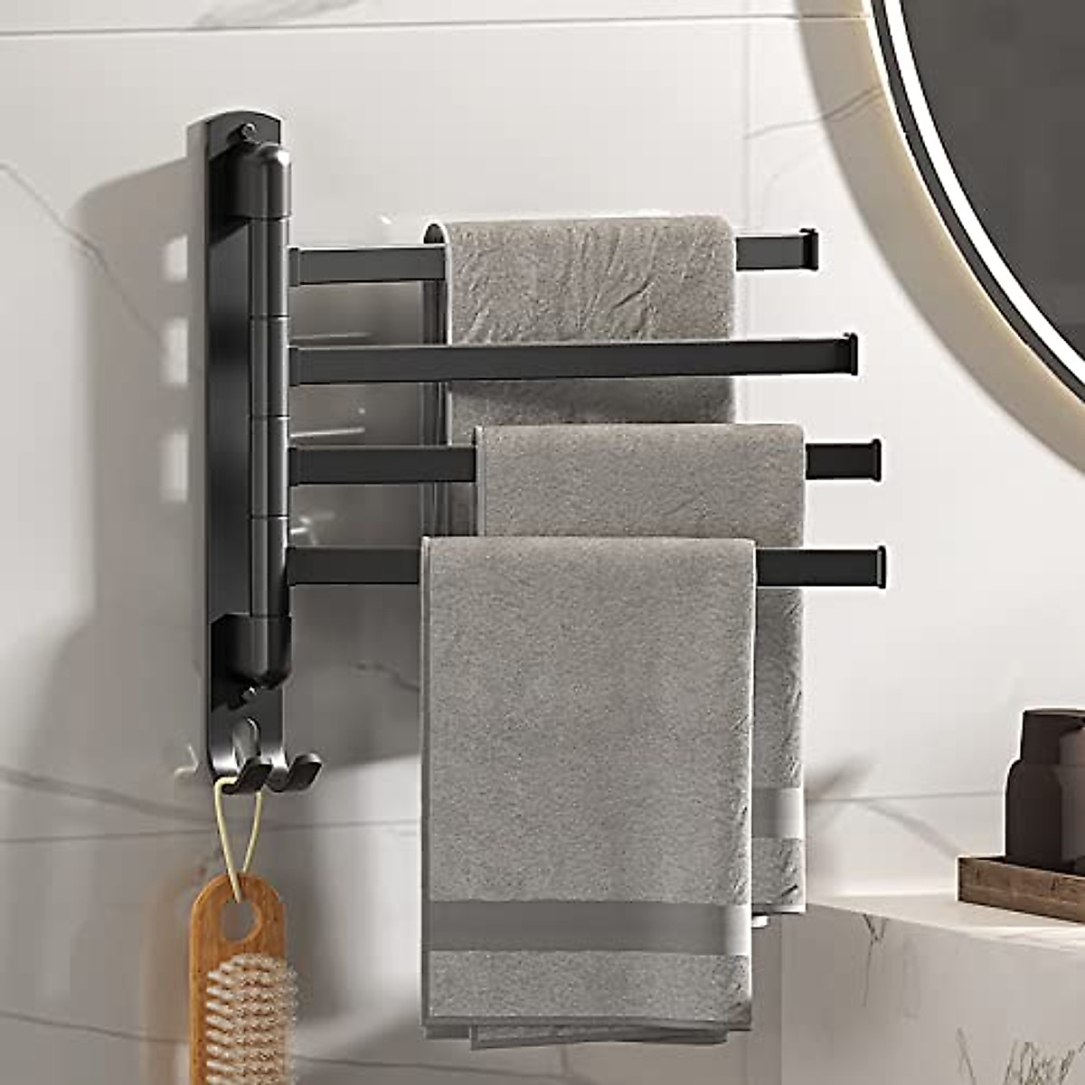 3/4/5 Arm Swivel Towel Rack, 4 in 1 Swivel Towel Bar, Swing Out Towel Hanger with Hook, Stainless Steel Wall Mounted Towel Holder Hand Towel Holder for Bathroom, Kitchen(White-5 Arm)