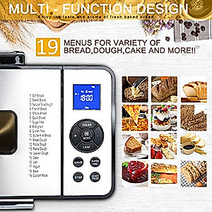 Secura Bread Maker Machine 2.2lb Stainless Steel Toaster Makers 650W Multi-Use Programmable 19 Menu Settings for Home Bakery (Silver)