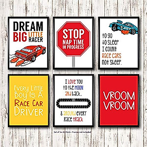 Dream Big Little Racer - Art Print Design Wall Room Home Bedroom Nursery Decor Wheel Set - Bright Race Hot Car (Set of Six) Poster Sign Picture