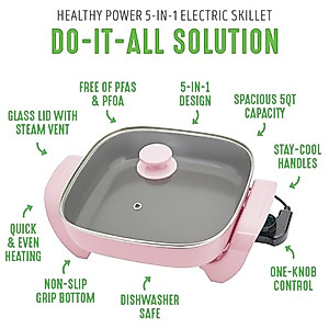 GreenLife Healthy Ceramic Nonstick, 12" 5QT Square Electric Skillet with Glass Lid, Dishwasher Safe, Adjustable Temperature Control, PFAS-Free, Pink