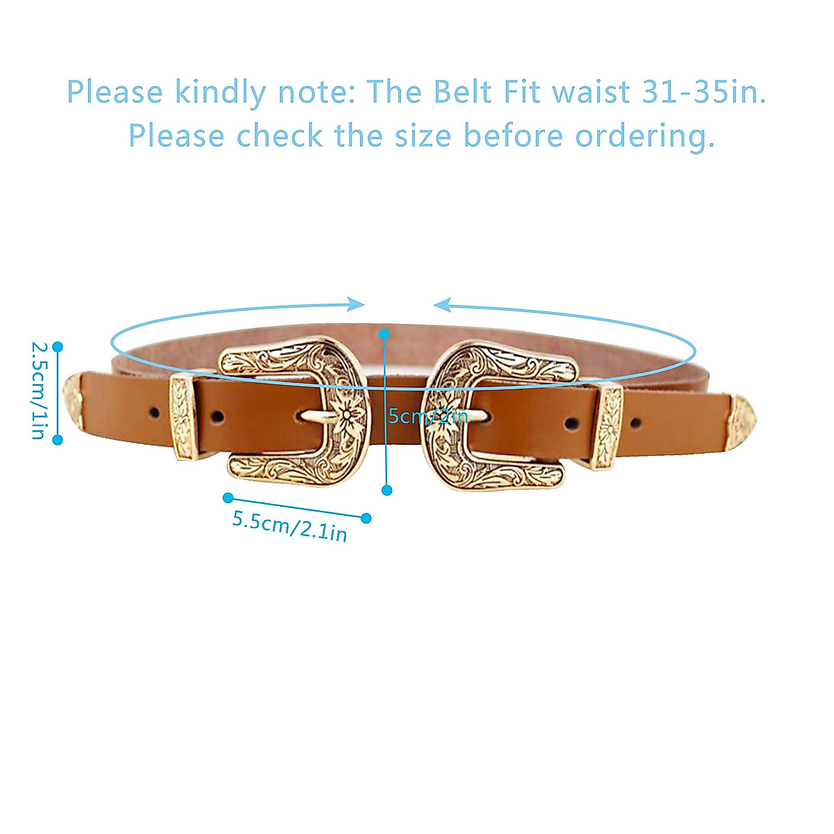 CLARA Women Vintage Western Waist Belt Double Buckle Belt PU Leather Waistband for Jeans Dress (Brown)