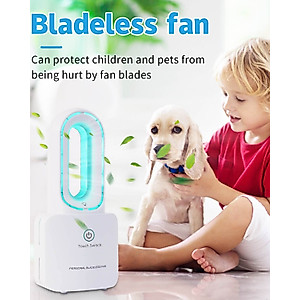 Desk Fan Small Bladeless Personal Fan Quiet Mini Table Fan 12'' Touch Control 4000mAh Rechargeable Portable Fan with 6-Colors LED Ambient Light for Office Home Bedroom Nightstand White