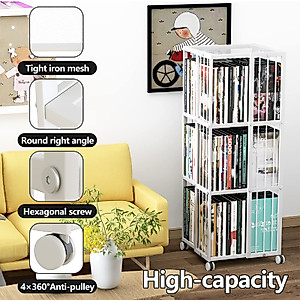 Huhote Rotating Bookcase White 3 Tiers Metal Large Capacity Bookshelf, 360°Cubic for Small Space with Storage and Creative Multi-Layer Shelves,Magazine Books for Bedroom Living Room Study Office
