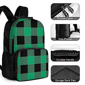 Supdreamc St Patricks Day Tartan Pattern Shamrock Green Plaid Daypack Backpack Durable Polyester Multipurpose Anti-Theft Shoulder Bag Big Capacity Gym Outdoor Hiking Backpack With Smooth Zippers
