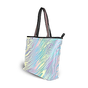 Bolaz Tote Bag with Pockets for Women Rainbow Marble Colorful Art Shoulder Bag Handbags Zipper Work Small Travel Office Business