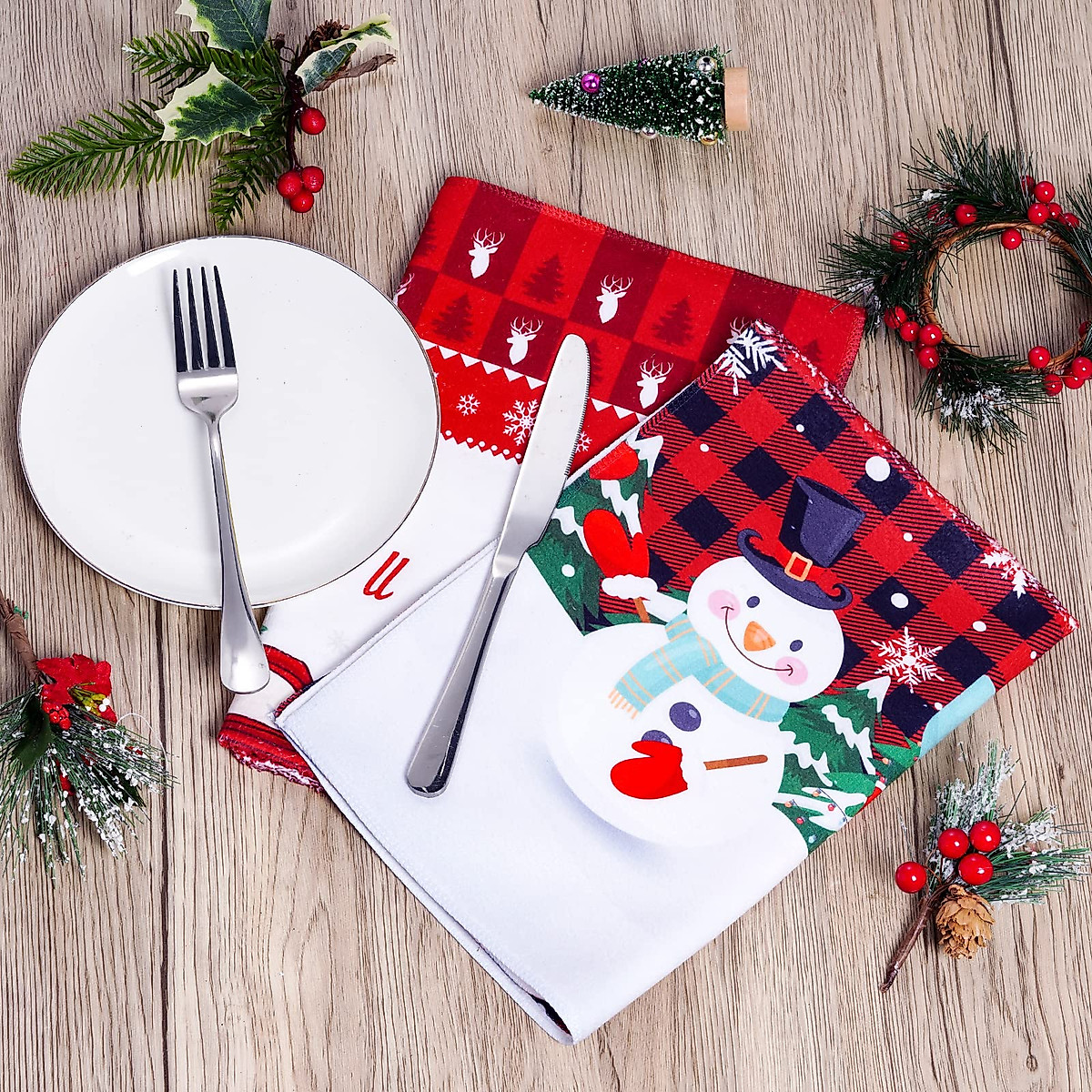 hoyuwak 4Pcs Christmas Kitchen Towels, Merry Christmas Hand Towels Bathroom Decor Soft Bufflo Plaid Snowmen Gnomes Dish Towels for Winter Holiday(24 x 16inch)