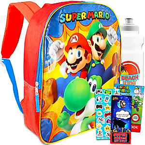 Mario Backpack for Boys - Mario Backpack, Water Bottle, Stickers, More | Mario Backpack for Boys 4-6