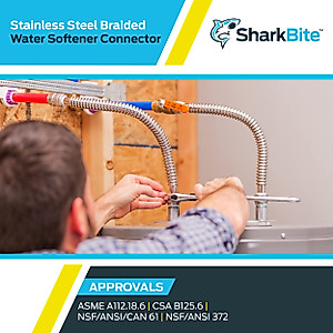 SharkBite 3/4 Inch x 1 Inch FIP x 24 Inch Stainless Steel Braided Flexible Water Softener Connector, Push To Connect Brass Plumbing Fitting, PEX Pipe, Copper, CPVC, PE-RT, HDPE, U3086FLEX24LF