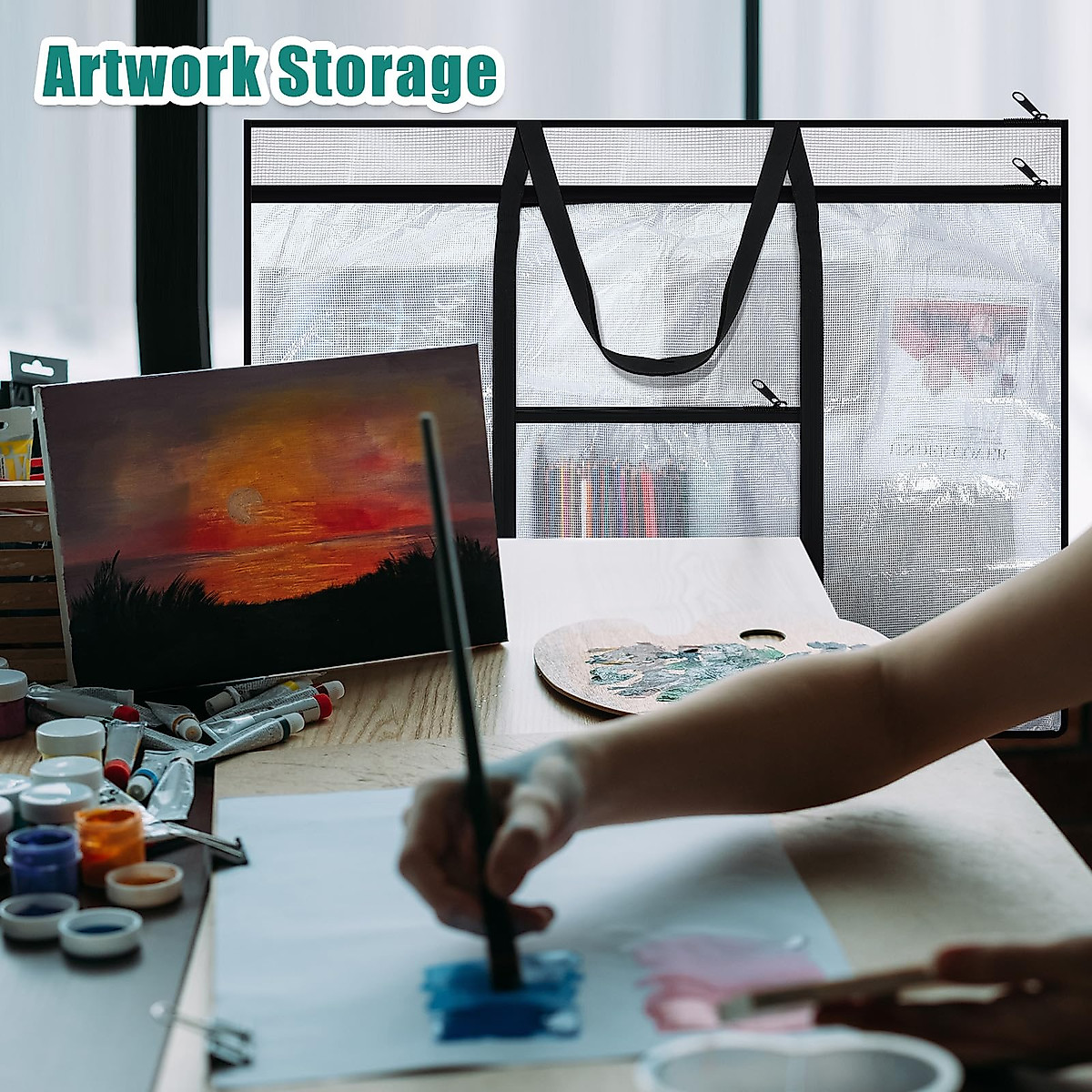 Huhumy Large Poster Storage Bag 48" x 36" Bulletin Board Holder PVC Art Portfolio Case Poster Storage Container with Zipper Handles Pocket for Teachers Artist Organization