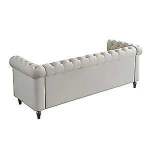 Goohome 84.65" Chesterfield Sofa, 3-Seater Velvet Deep Button Tufted Sofá Upholstered Love Seat Couches with Rolled Arm, Gold Strip Trim, for Bedroom Office Apartment Living Room Furniture, Beige
