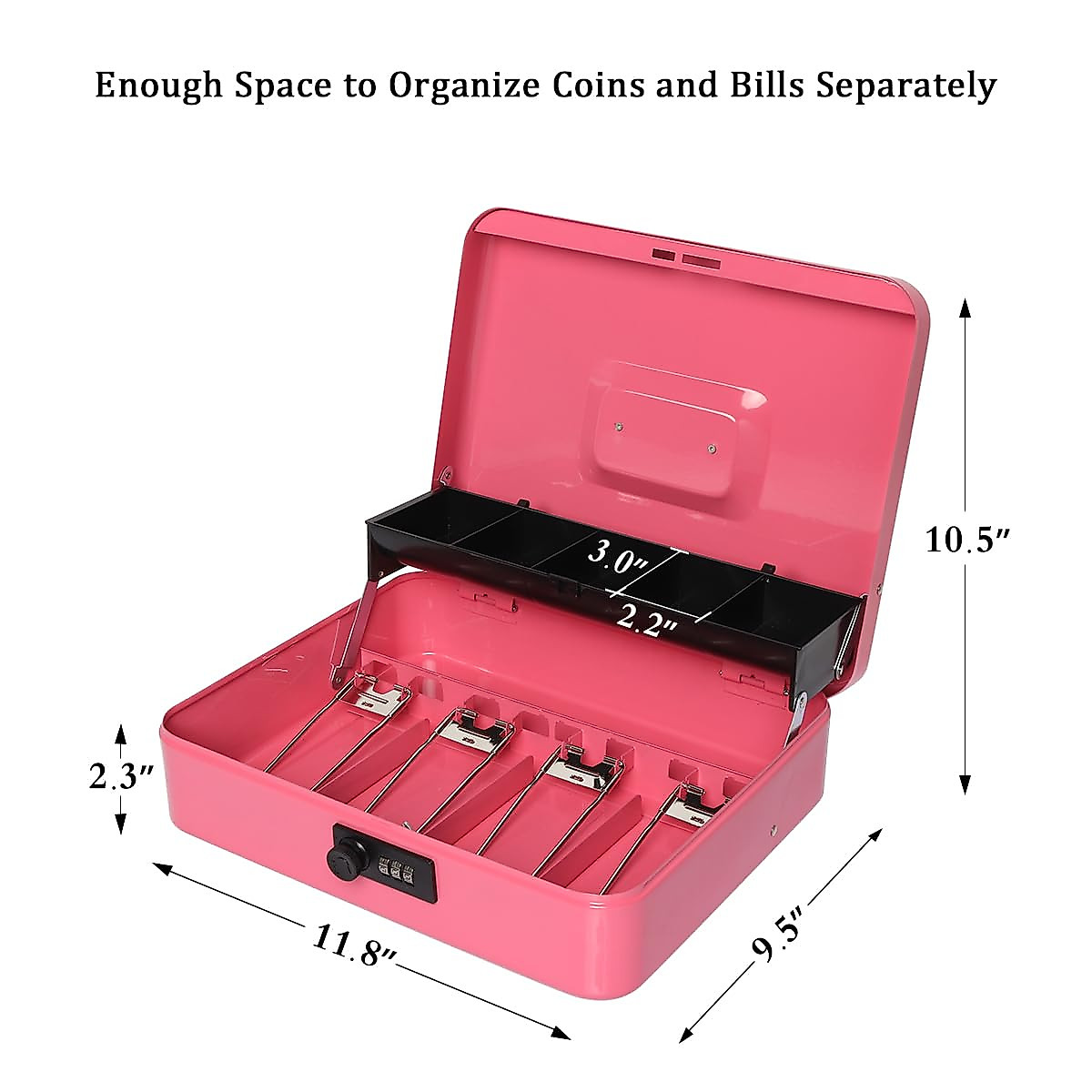 Jssmst Cash Box with Money Tray and Lock - Pink Cash Box with Combination Lock Safe Large, Locking Cash Register Drawer Box for Money, 11.8'' x 9.5'' x 3.5'', SM-CB005PC