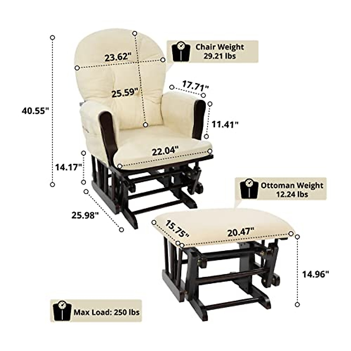 Brisbane Nursery Glider & Ottoman Sets, Swivel Glider Recliner Nursery Rocking Chair, Nursery Glider Rocker with Ottoman, Reclining Gliders & Chairs for Breastfeeding, Reading, Napping, Espresso/Cream
