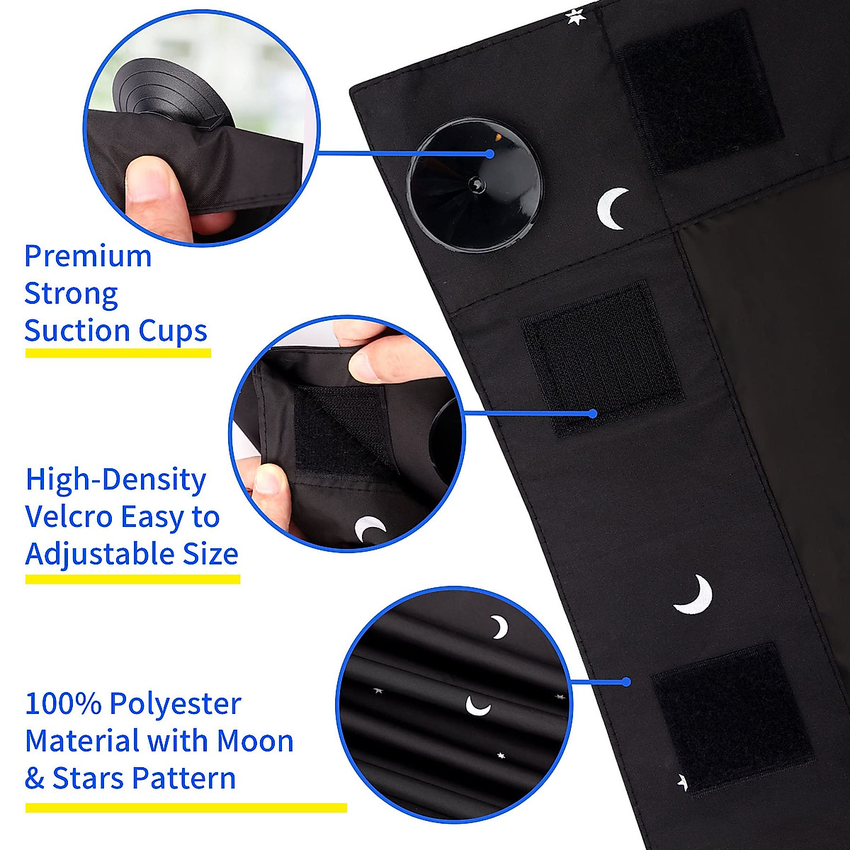 Goabroa Portable Blackout Curtains, (78"x 50") Adjustable Temporary Blackout Curtains with Suction Cups, Polyester Temporary Window Blackout Blind for Bedroom, Nursery or Dorm - Moon & Stars Pattern
