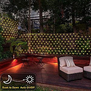 Solar Led Net Lights,100 LEDs Net Mesh Tree-Wrap Lights 4.9ft x 4.9ft,Dark Green Cable,8 Modes Outdoor String Decorative Lights for Window Wall Background Camping Beach Garden Patio (Warm White)