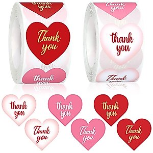 1000 Pieces Heart Thank You Sticker 1.5 inches Valentine's Day Red Pink Label Sticker Adhesive Thank Heart Shaped Sticker Thank Present Tag for Wedding Anniversaries Envelopes Greeting Cards, 2 Rolls