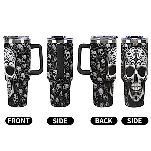 FZQVSGW Black And White Skulls 40 Oz Tumbler with Handle And Straw Stainless Steel Vacuum Insulated Tumblers Reusable Keep Drinks Cold Coffee Cup Holder Friendly Gifts for Women Men Car Gym Travel