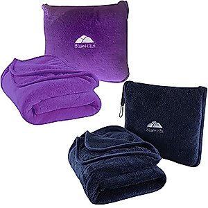 BlueHills Premium Soft Travel Blanket Pillow Value Pack Set of 2 - Airplane Flight Blanket Throw in Soft Bag with Luggage Belt Compact Pack Large Blanket for Travel Navy Blue and Purple Colors