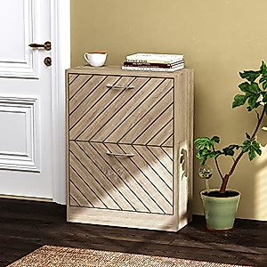 FUFU&GAGA Shoe Cabinet with 2 Flip Drawers for Entryway, Modern Shoe Storage Cabinet, Freestanding Shoe Rack Storage Organizer (22.4”W x 9.4”D x 29.5”H) (Light Brown)