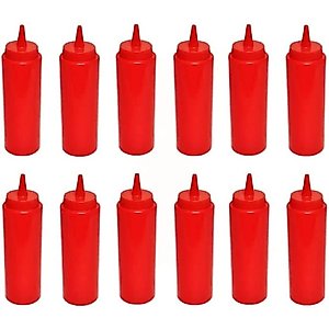 TrueCraftware-Set of 12 Squeeze Condiment Dispensing Bottles 12 oz Red- Plastic Squeeze Bottle For Sauces Spreads Ketchup Mustard Mayo Hot sauces and Olive oil