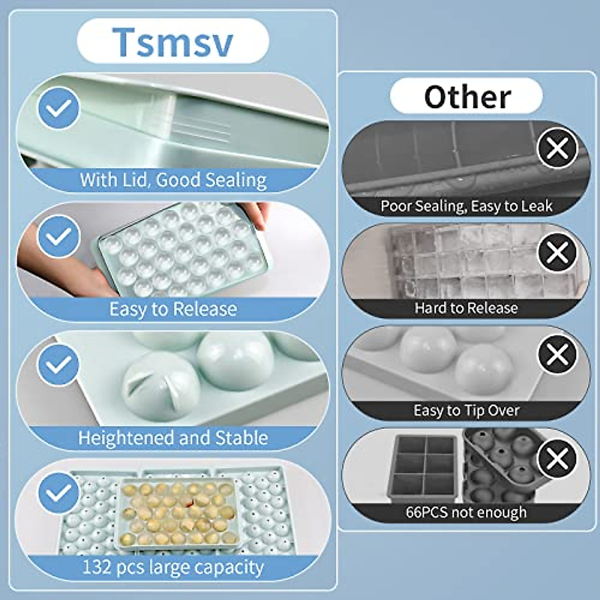 Ball Ice Cube Trays for Freezer: Round Ice Cube Tray with Lid - Circle Ball Ice Trays for Freezer with Bin - Sphere Ice Cubes Mold for Drinks - 4 Packs