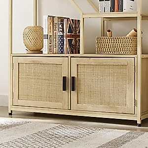 MASISDAOZ Rattan Bookshelf, 75.6” Tall 5-Tier Freestanding Bookcase Storage Rack, with 6 Display Open Shelves, Iron Frame and Rattan Door Cabinet, Boho Style Furniture for Living Room Home Office