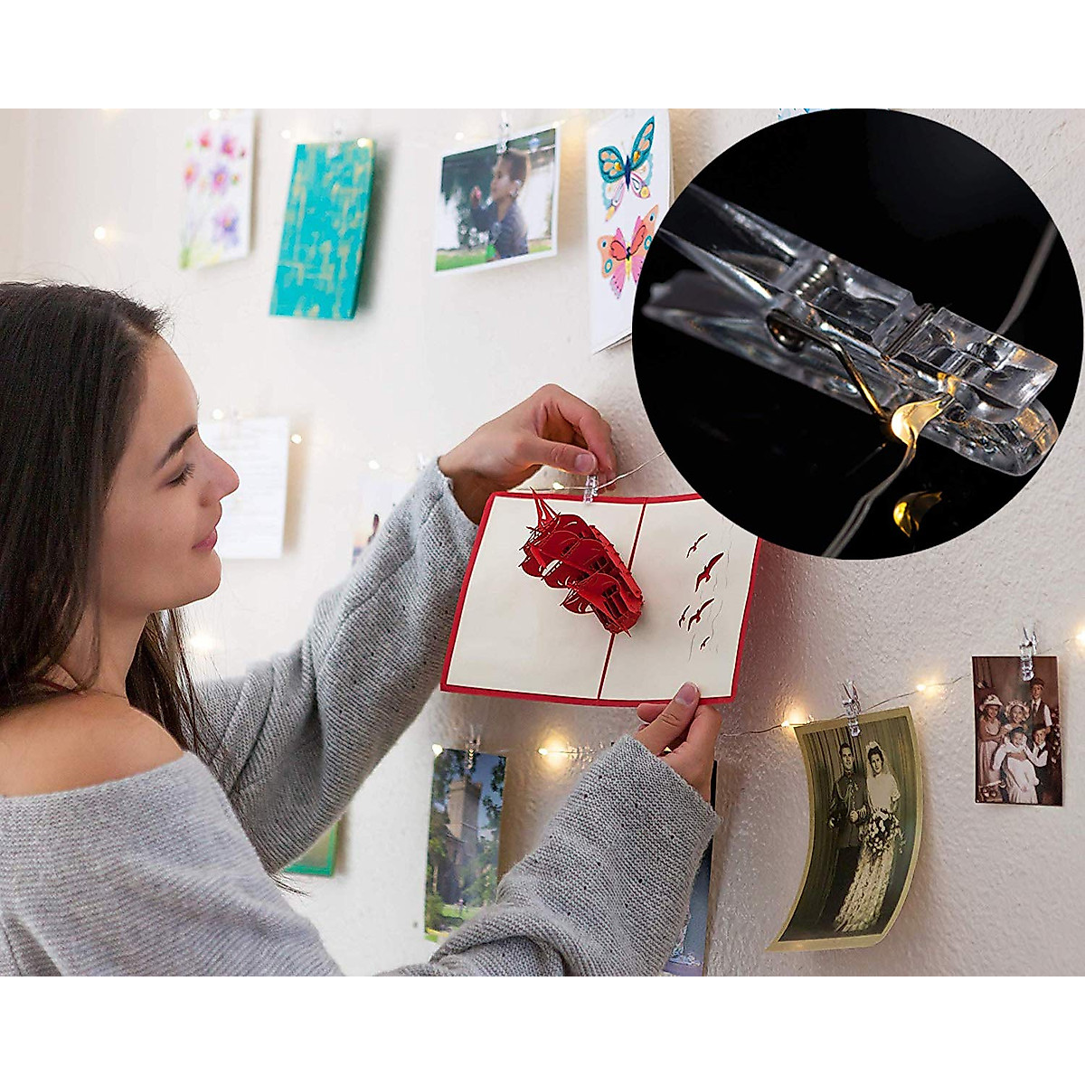 Photo Clip 17Ft - 50 LED Fairy String Lights with 50 Clear Clips for Hanging Pictures, Photo String Lights with Clips - Perfect Dorm Bedroom Wall Decor Wedding Decorations