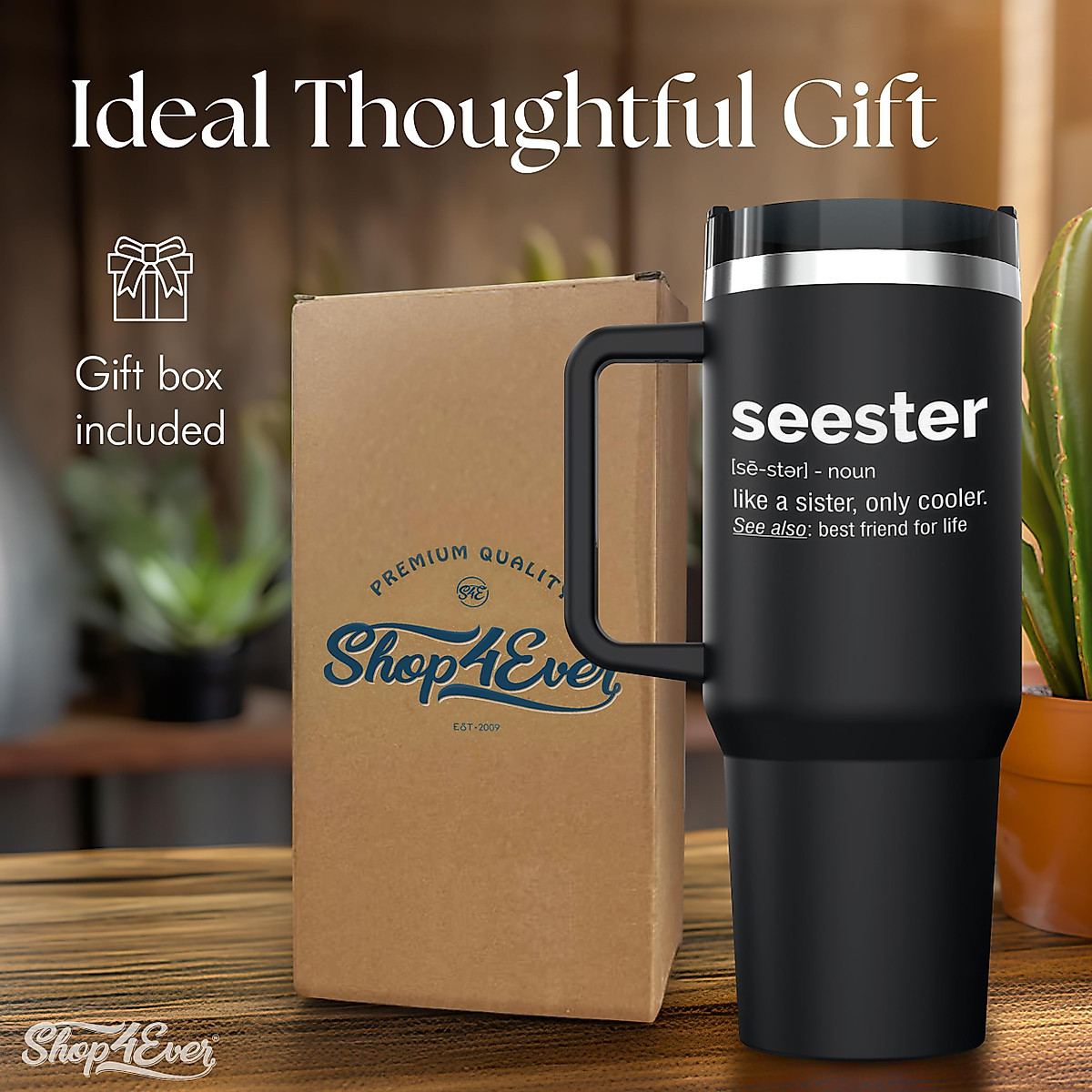 shop4ever Seester Definition Engraved Insulated Stainless Steel Tumbler with Handle, Lid, and Straw 40 oz. Funny Gift for Sister Best Friend (Black)