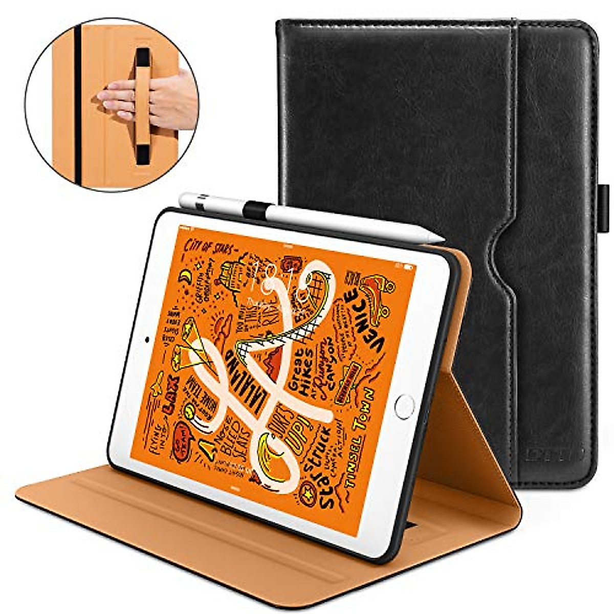 DTTO for iPad Mini 5th Generation 2019 Case, [Noble Series] Leather Folio Cover Case with Apple Pencil Holder for iPad Mini 5 2019 [Auto Sleep/Wake], Black