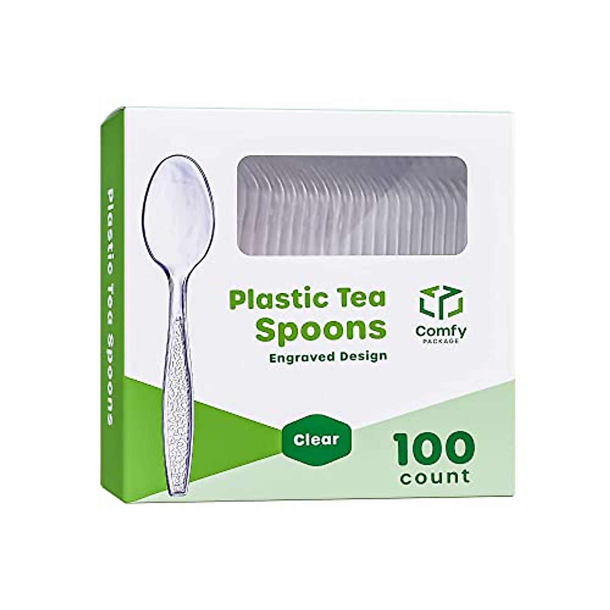 Comfy Package [100 Pack] Heavyweight Clear Plastic Tea Spoons with Engraved Design - Disposable Sturdy Plastic Utensils for Parties, Weddings, and Events