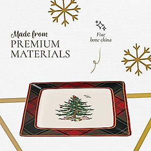 Spode Christmas Tree Tartan Square Platter | Serving Platter for the Holidays | Christmas Serving Dishes for Entertaining - Fine Bone China | Serving Platters for Serving Food - 10 Inches