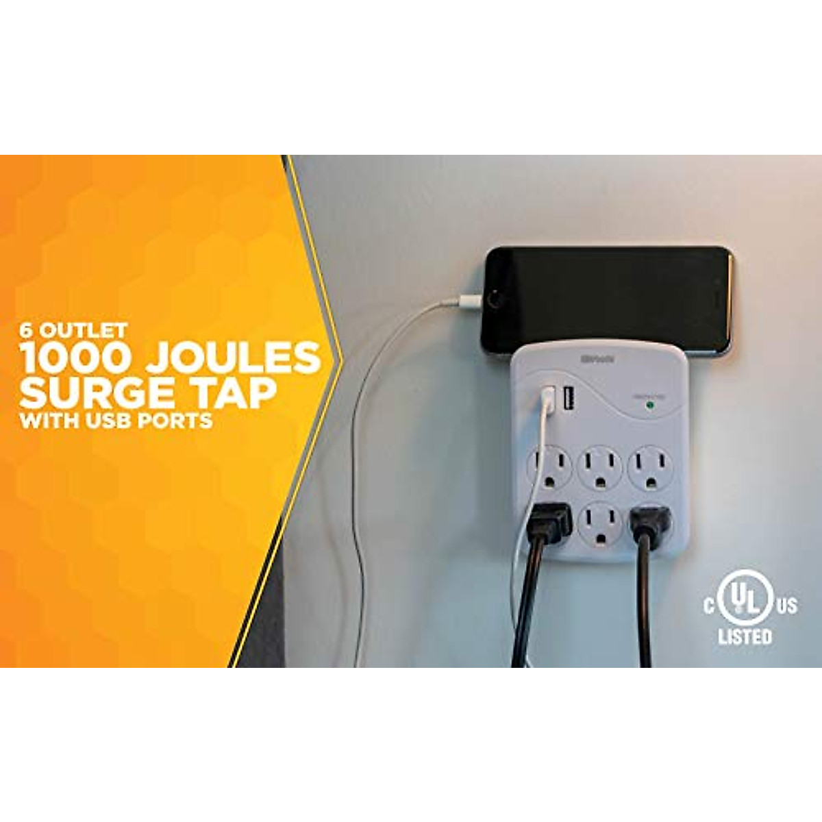Woods 41079 Surge Protector with 6 Outlets and 2 USB Type A Ports with 1000J of Protection, White