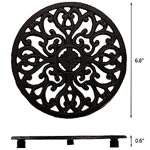 Hedume 2 Pack Cast Iron Trivet, 6.8" Cast Iron Round Trivet with Vintage Pattern and Rubber Pegs/Feet for Serving Hot Dish, Pot, Pans and Teapot on Kitchen Countertop or Dinning