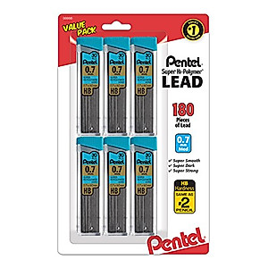 Pentel Super Hi-Polymer Refills, 0.7 mm Medium, HB, 180 Pieces of Lead (C27BPHB6)