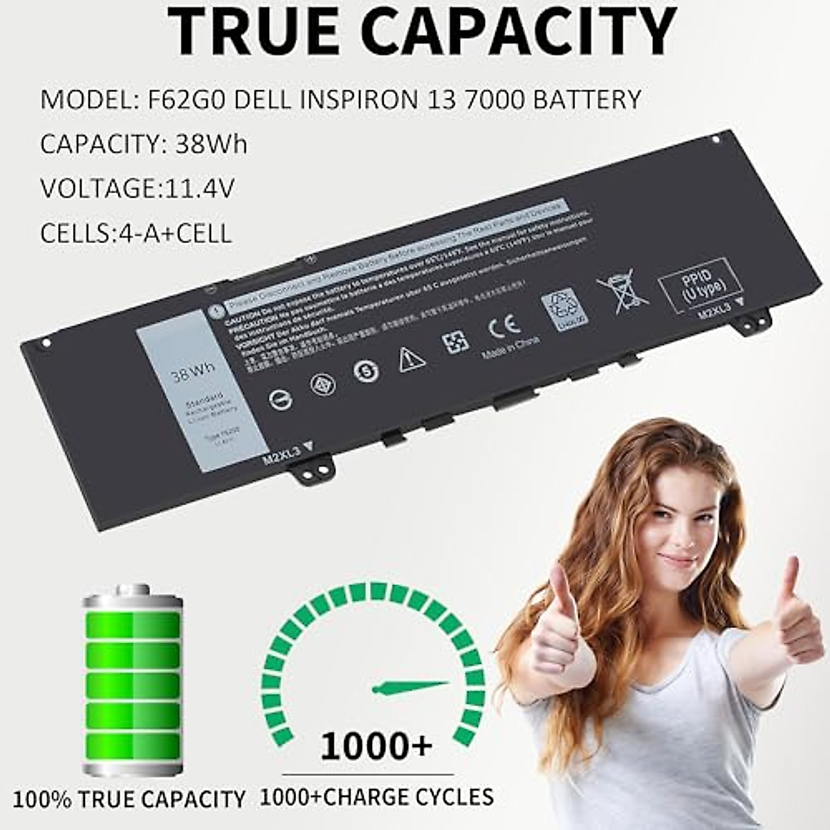 New 38Wh F62GO Battery Replacement for Dell Inspiron 13 7000 7373 7386 2-in-1 7370 7380 5370 P83G P87G P91G P83G001 P83G002 P91G001 P87G001 Vostro 13 5370 Series 39DY5 039DY5 RPJC3 0RPJC3 11.4V