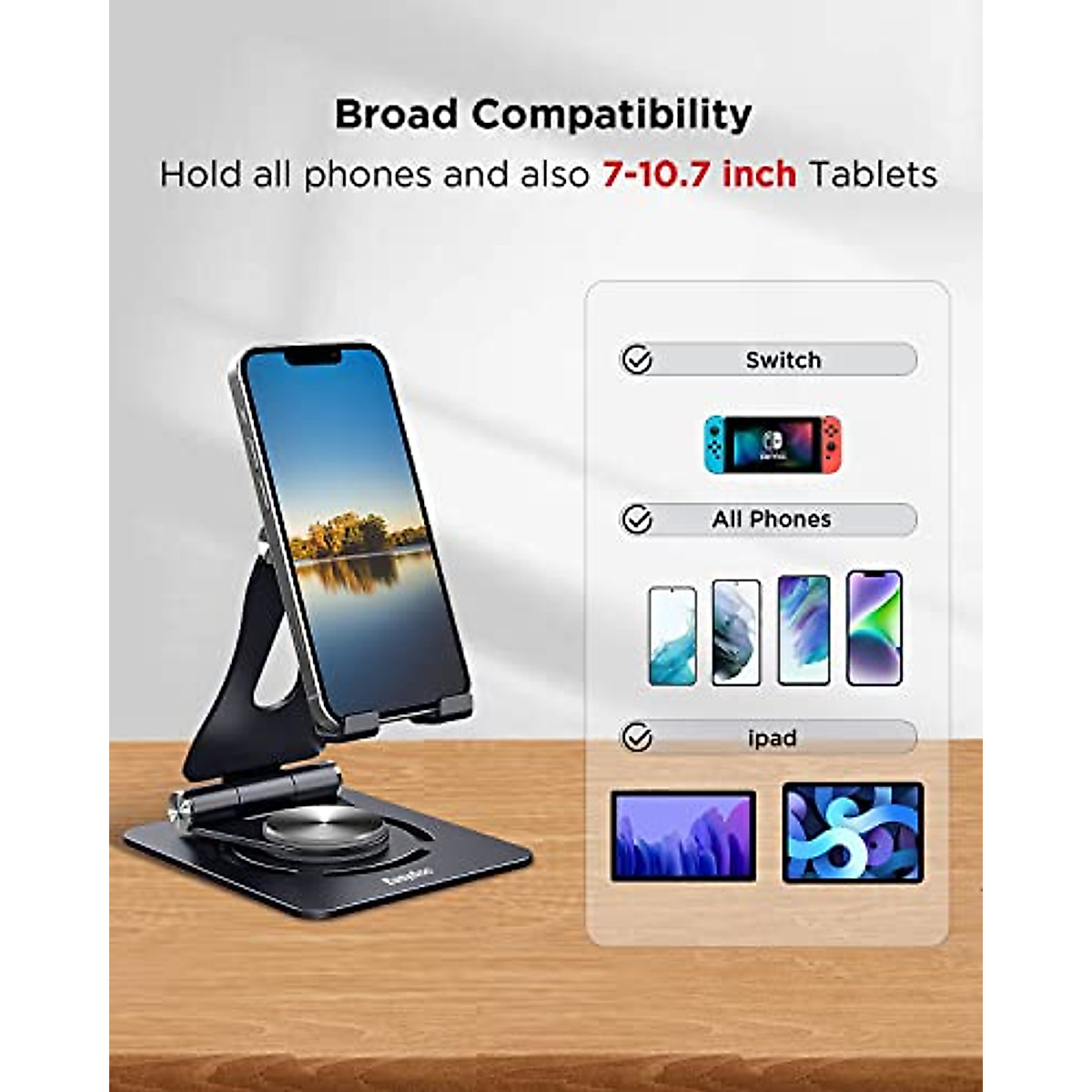 EasyAcc Phone Stand, Newly 3 in 1 Adjustable Cell Phone Stand, 2023 Aluminum Stable iPhone iPad Stand Dock, Foldable Desktop Phone Holder for iPhone 14 13 12 11 XR, Tablet (7-10.7"), Nintendo Switch