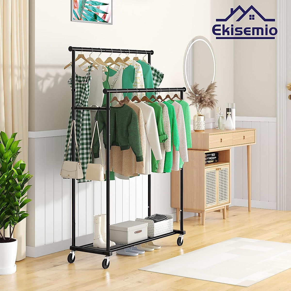 Ekisemio Double Rod Clothing Garment Rack on Wheels, 45 Inches Clothes Rack with Mesh Bottom Shelf for Hanging Clothes, Heavy Duty Metal Maximum Capacity 400 lb, Black