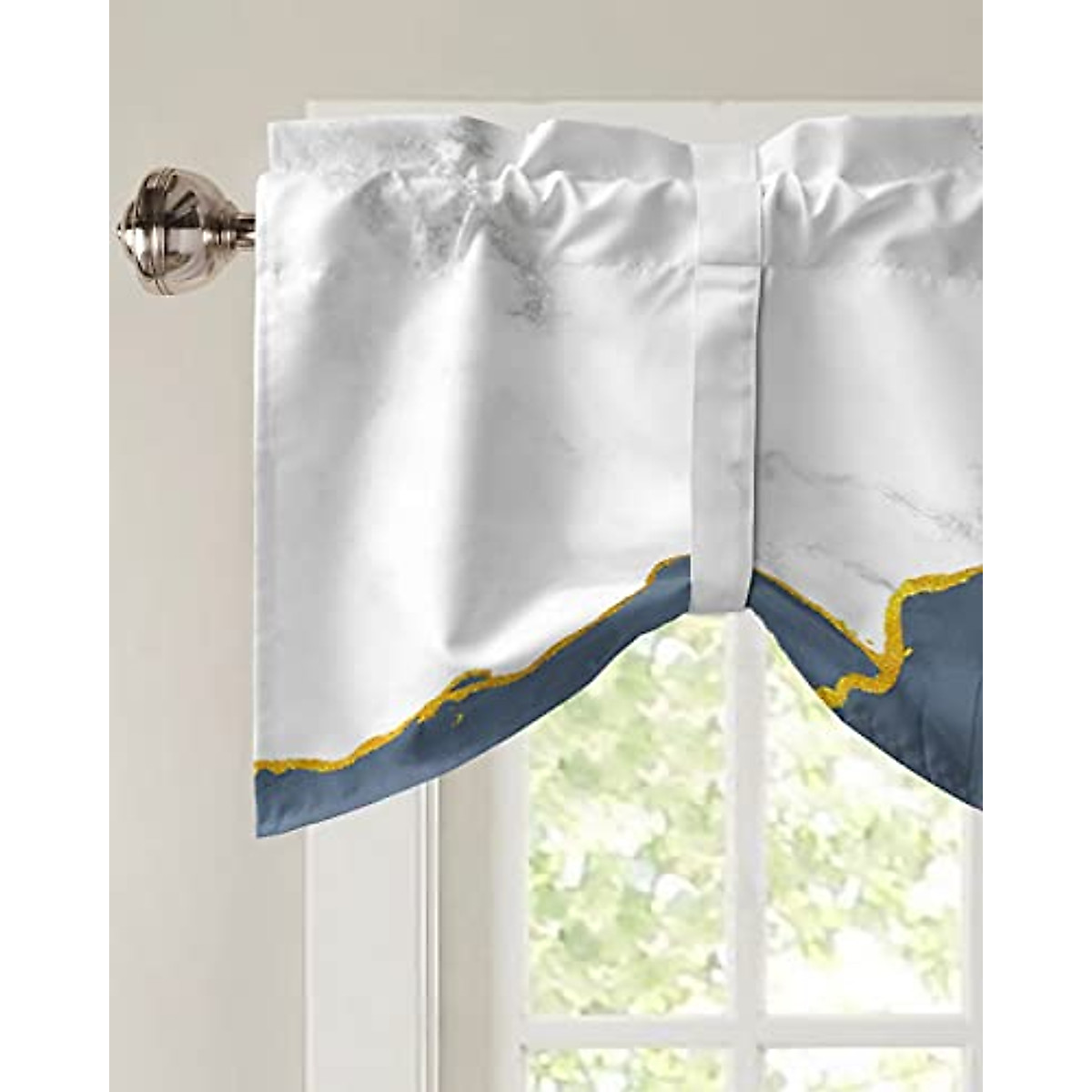 Tie Up Curtain Valance for Kitchen,Marble Texture Watercolor Blue Gold and White Colors Window Valances Adjustable Tie-up Shade Valance,Ink Painting Rod Pocket Short Curtains for Bathroom 60x18in