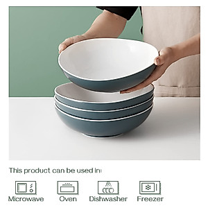 DOWAN Pasta Bowls, 42 oz Large Pasta Bowl Set of 4, Wave Ceramic Salad Serving Bowls, Porcelain Pasta Plates Set, Dinner Bowls for Kitchen, Microwave Dishwasher Oven Safe, Air Blue